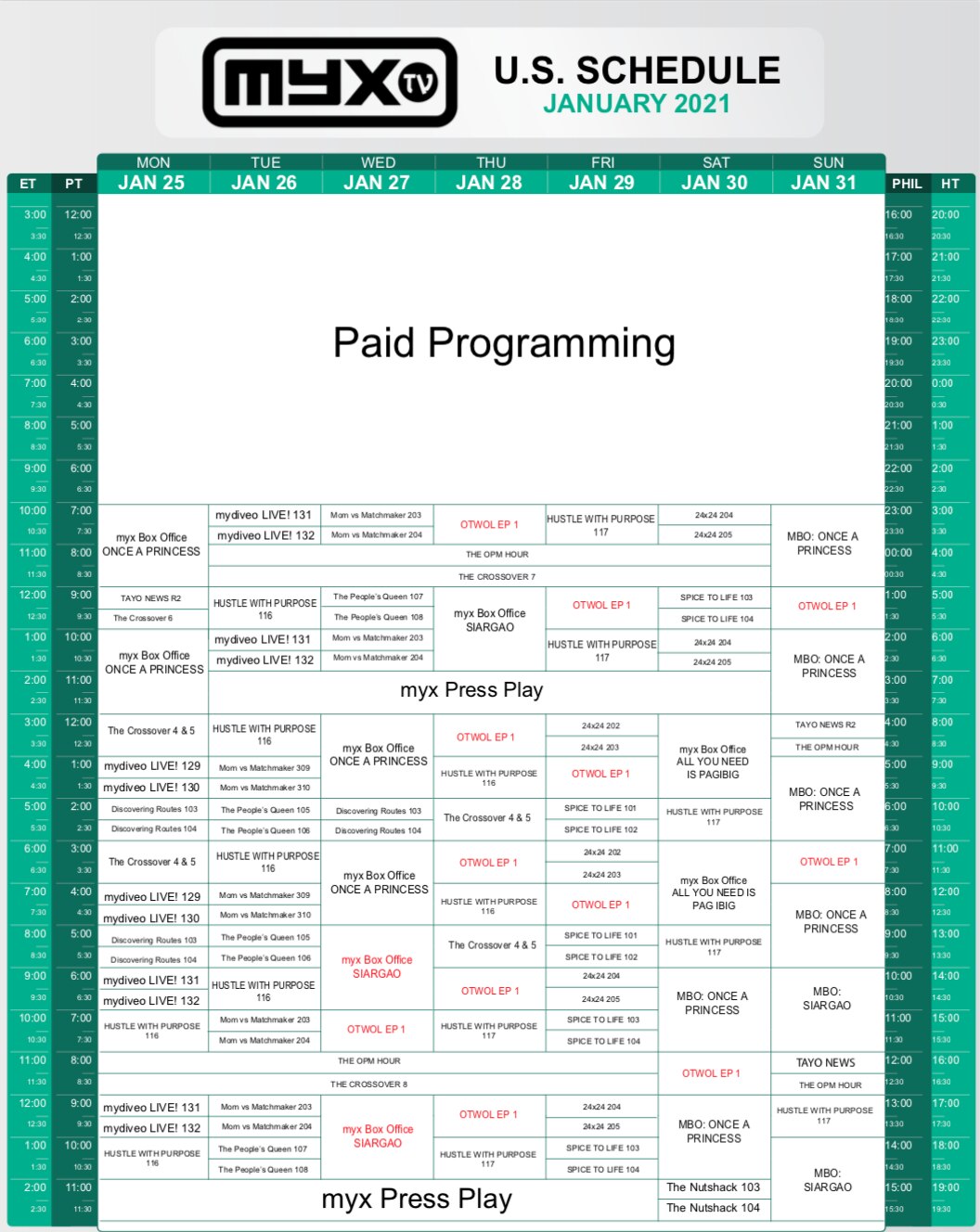 MYX TV Program Grid January 25-31 (PST) - MYX Global